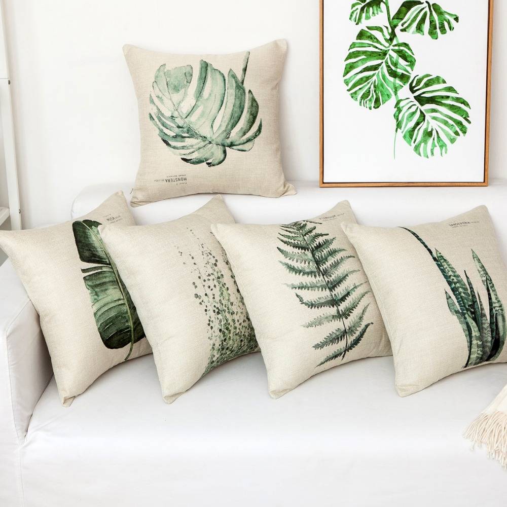 Botanical Tropical Plants Cushion Cover Linen Pillowcase 45x45cm (4 ...